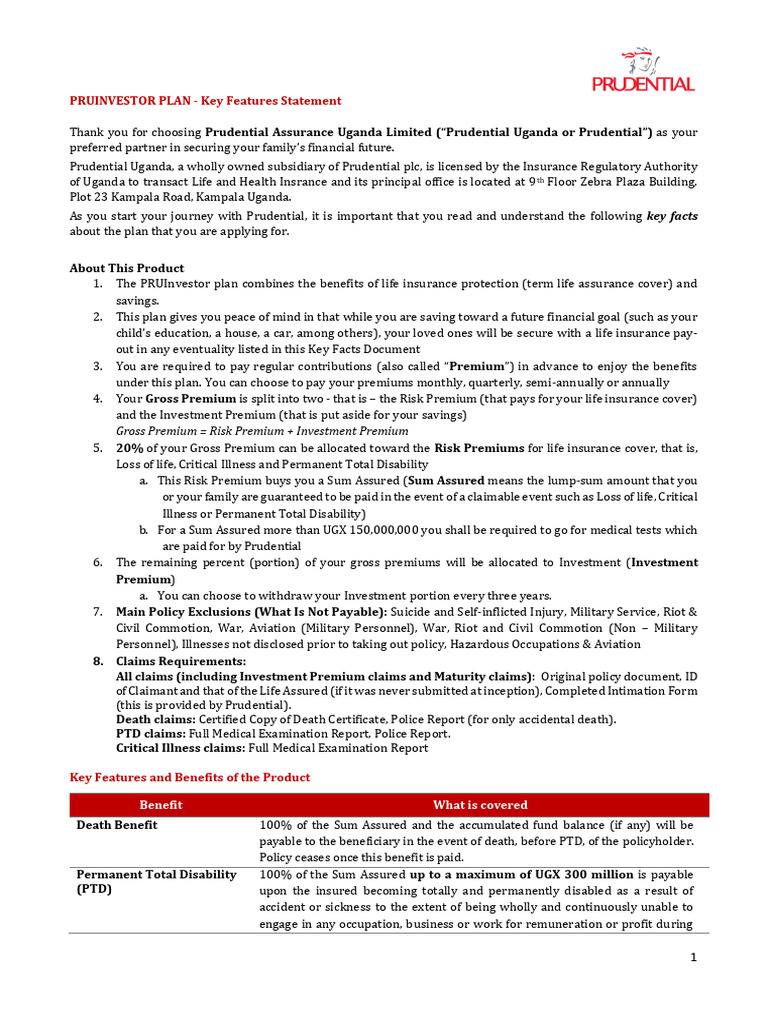 PRUInvestor Plan Key Features Overview | PDF | Insurance | Life Insurance