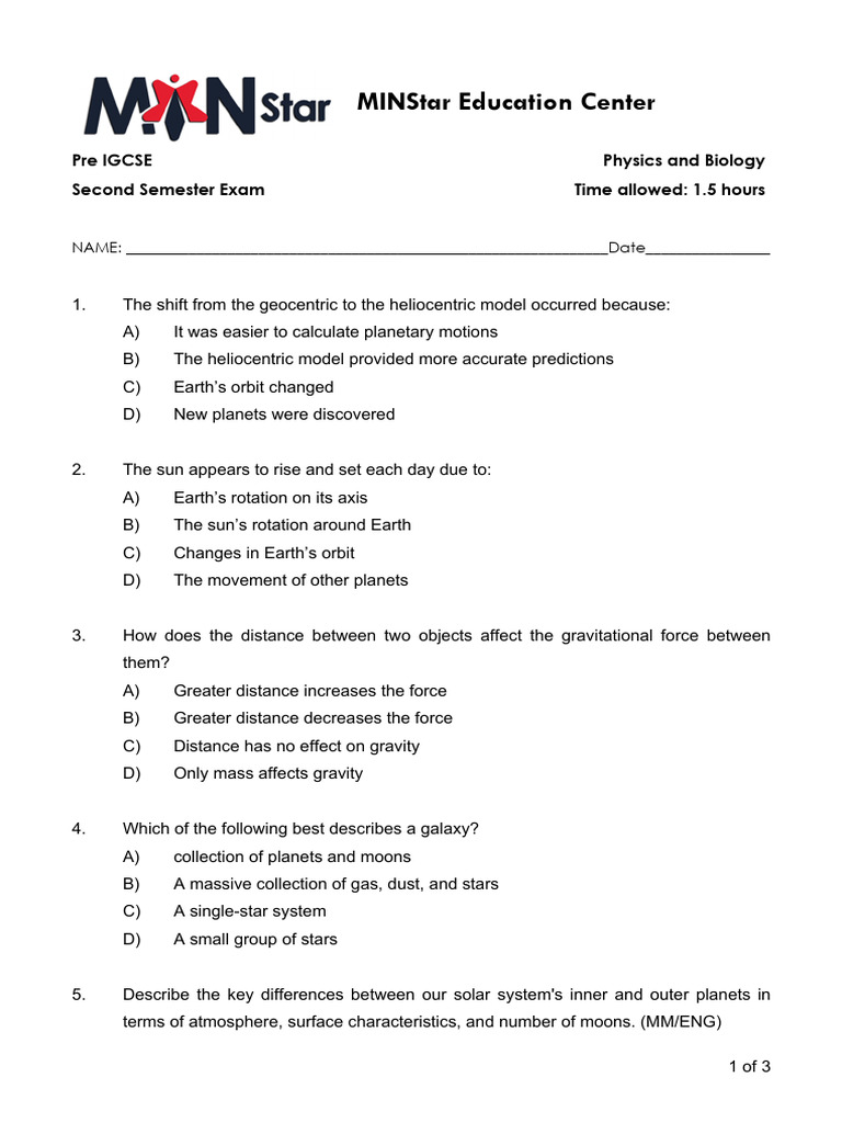 Physics & Bio - B1Pre 2sem Final Exam | PDF | Solar System | Planets