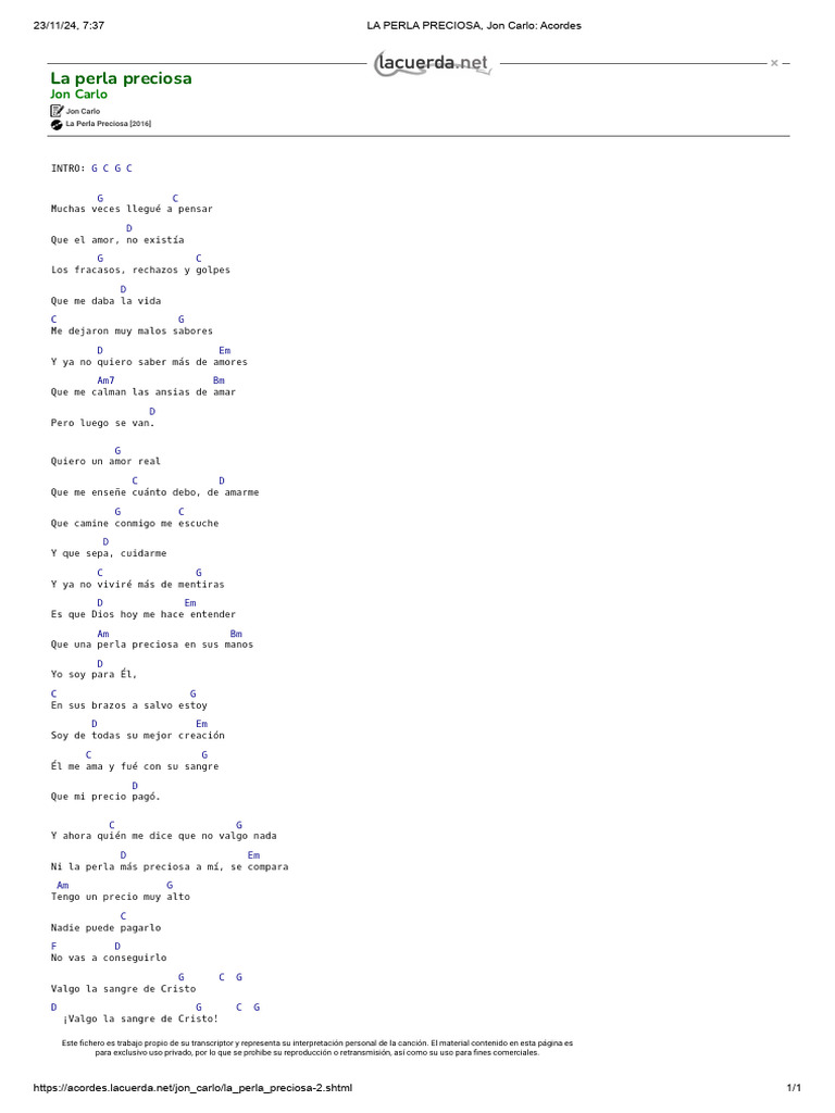 LA PERLA PRECIOSA, Jon Carlo - Acordes | PDF