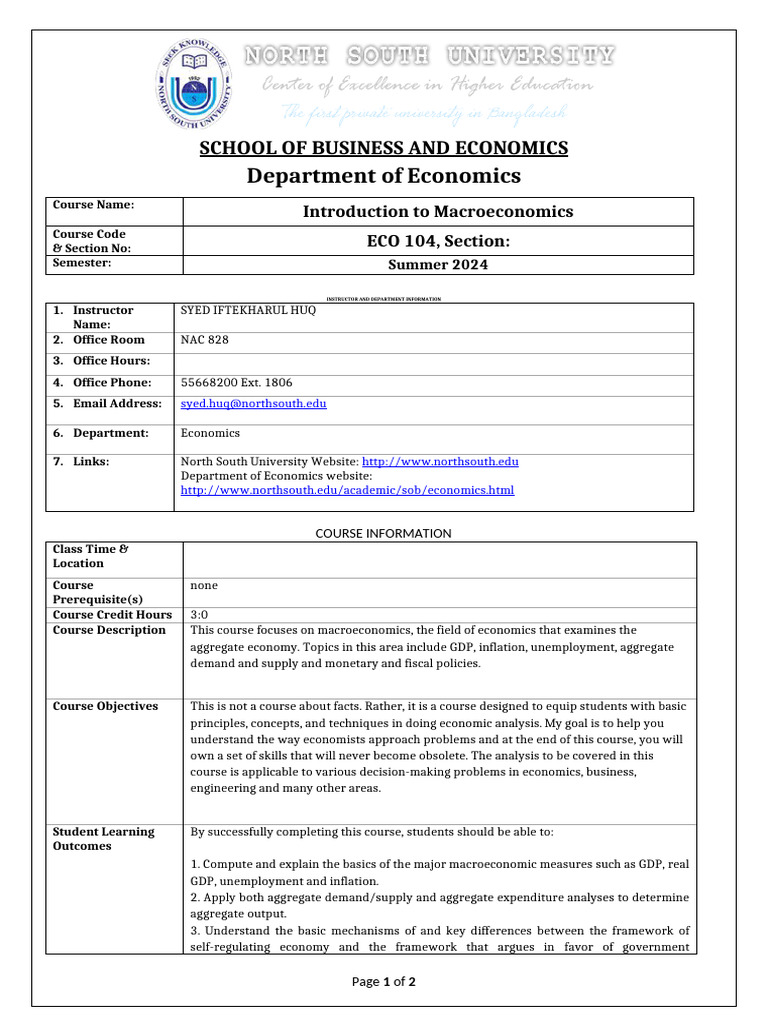 Summer2024 Eco104 Outline | PDF | Cost Of Living | Macroeconomics