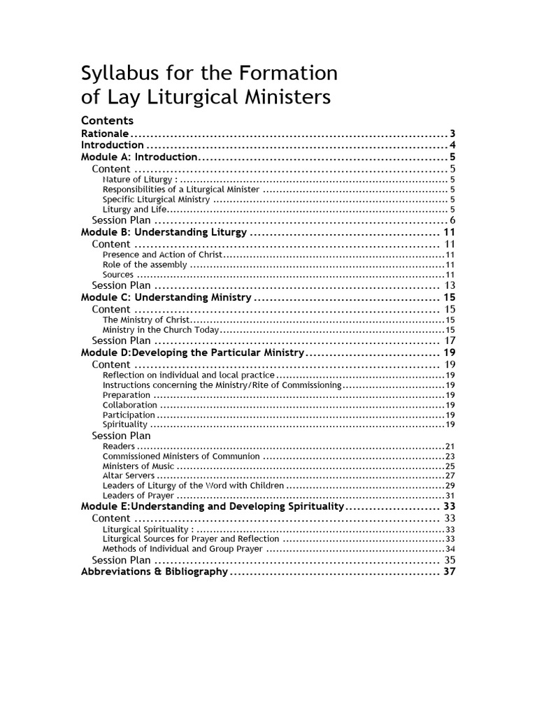 Lay Liturgical Ministers Formation Syllabus | PDF | Liturgy | Mass ...