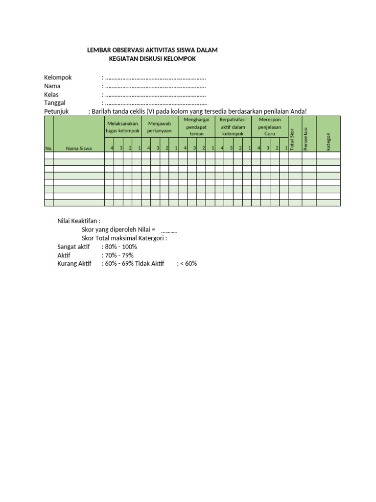 Lembar Observasi Aktivitas Siswa Dalam Kegiatan Diskusi Kelompok | PDF