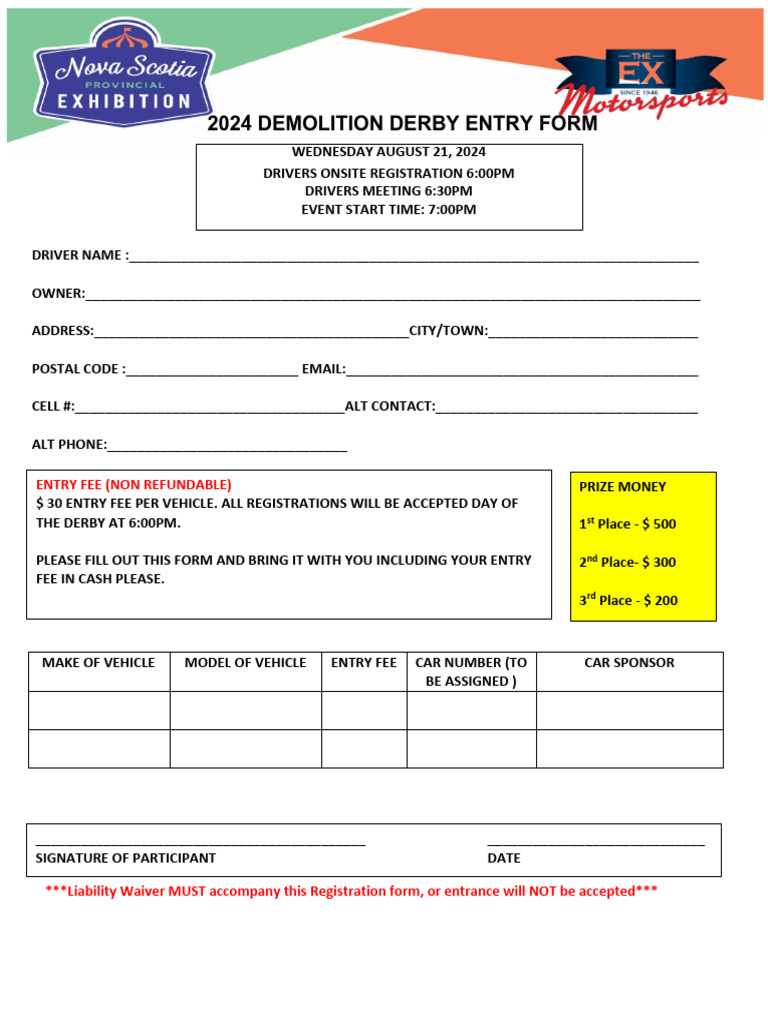 Demo Derby Entry and Liability Form 2023 - Final 2024 | PDF | Indemnity ...
