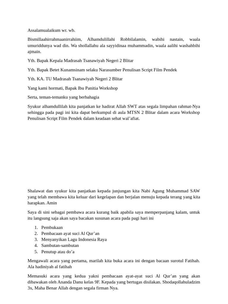 Teks MC Workshop Script Film Pendek | PDF