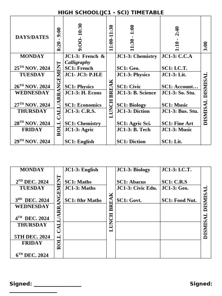 HIGH SCH. EXAMS TIMETABLE | PDF