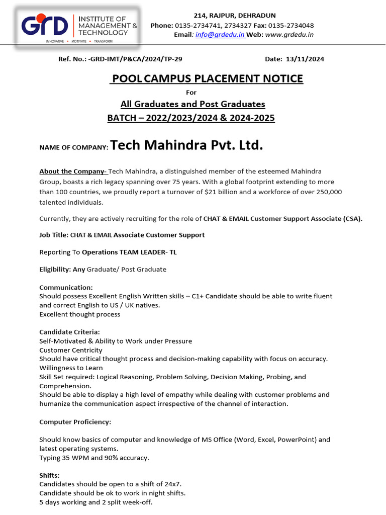 Tech Mahindra Placement Notice 2024 | PDF | Interactive Voice Response ...