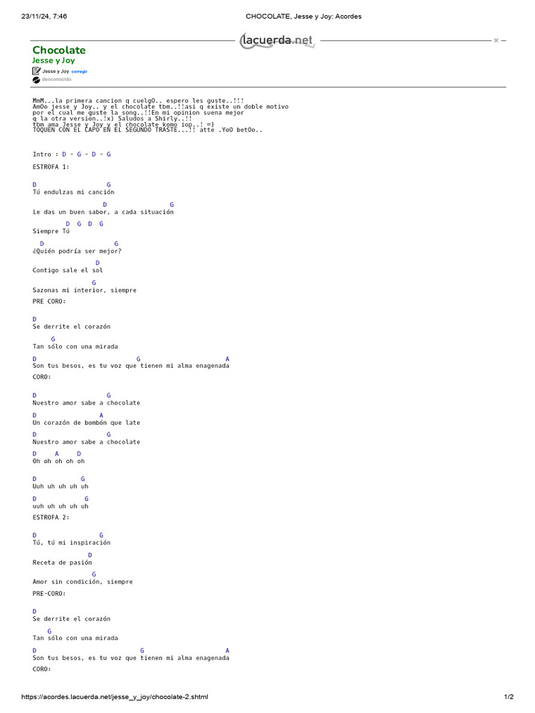 Acordes de "Chocolate" - Jesse y Joy | PDF