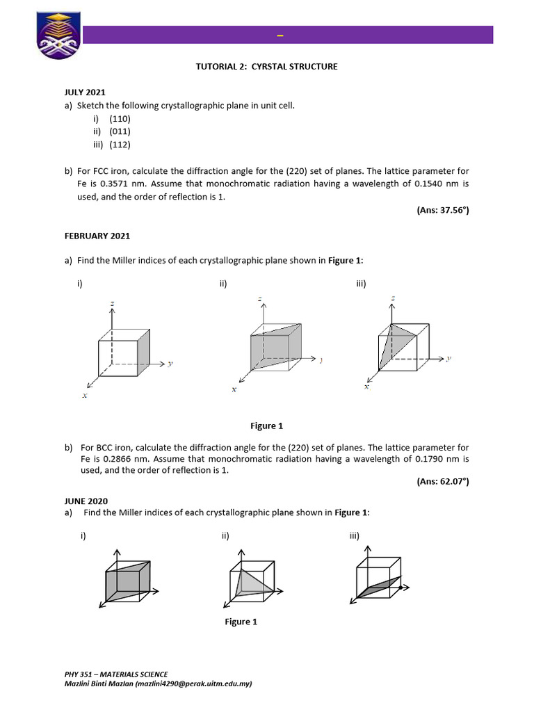 Phy351 Tutorial 2 | PDF | Crystal Structure | X Ray Crystallography