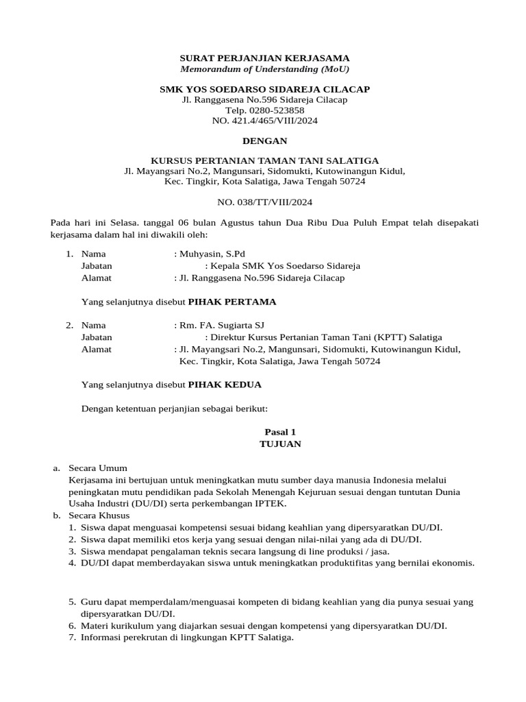 MoU SMK Yos Sudarso Sidareja | PDF