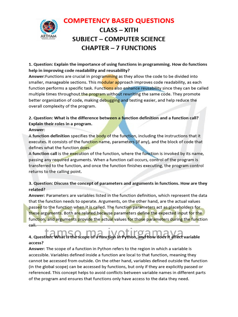 Class 11 Competency Based Question Computer Science Chap 7 (2024-25) | PDF | Parameter (Computer ...
