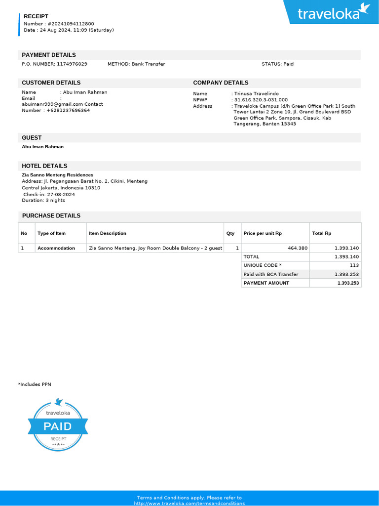 Receipt Traveloka Zia Sanno Menteng On 27 - 30 Aug 2024 | PDF