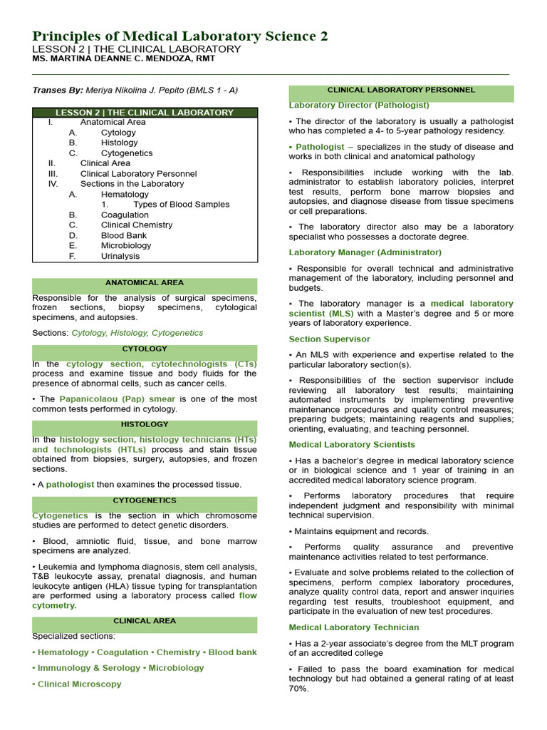 Lesson 2 The Clinical Laboratory Transes | PDF | Pathology | Blood Plasma