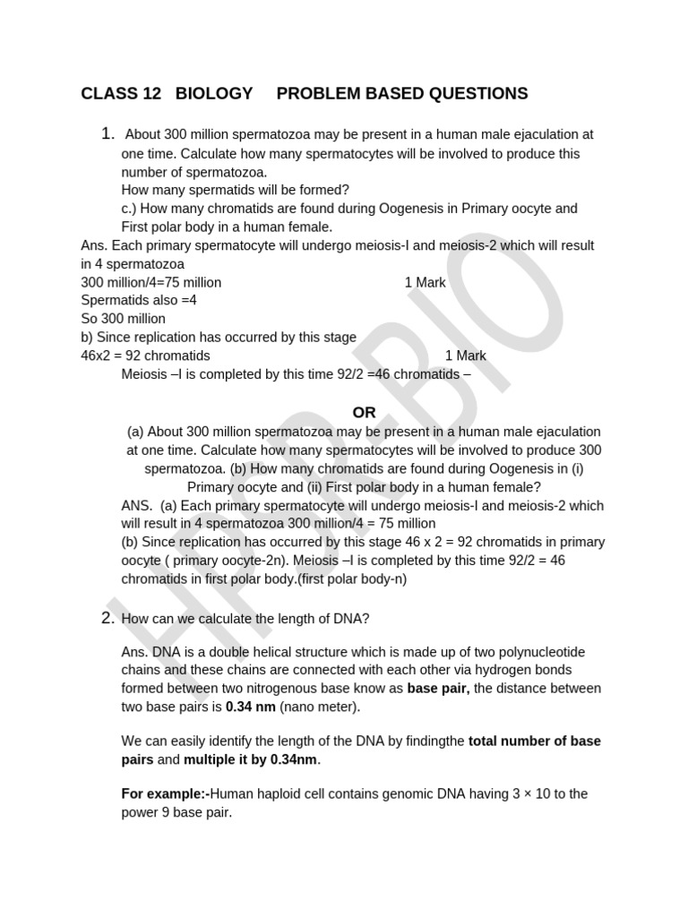 Class 12 Biology Problem Based Questions | PDF | Base Pair | Meiosis