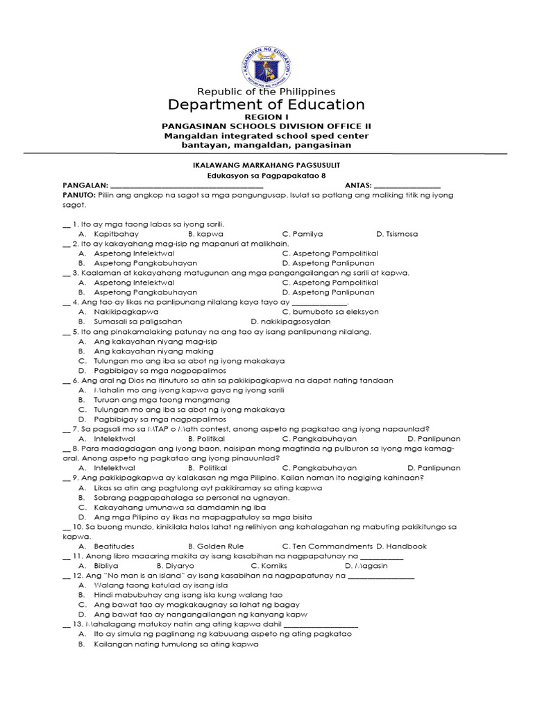 EsP 8 Exam Q2 | PDF