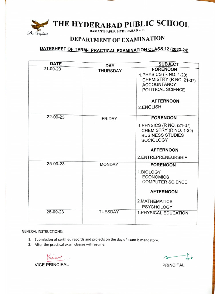 Class 12 Term 1 Practical Exams Datesheet | PDF