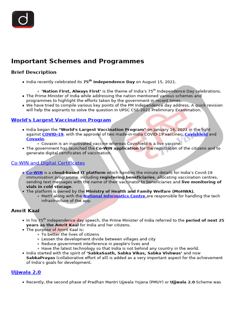 Important Schemes and Programmes: Brief Description | PDF | Malnutrition