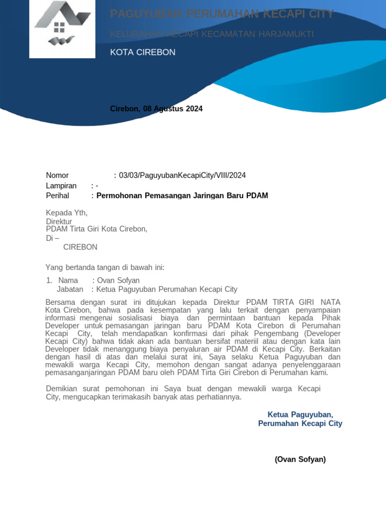 Permohonan Jaringan PDAM Kecapi City | PDF