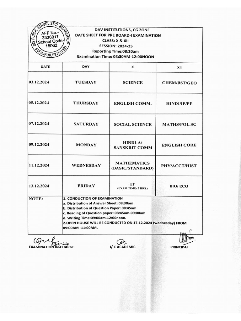 PB - 1, Time Table, X and XII | PDF