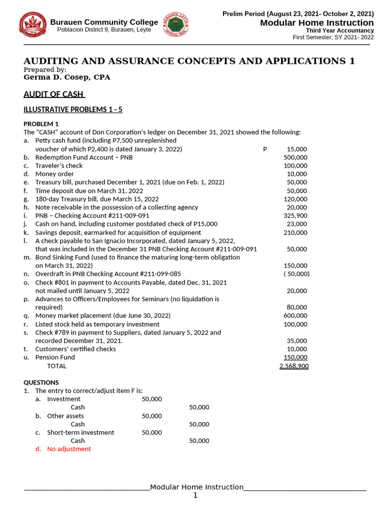 Auditing And Assurance Concepts And Applications 1 Prelims Practice Exercises Problems Part