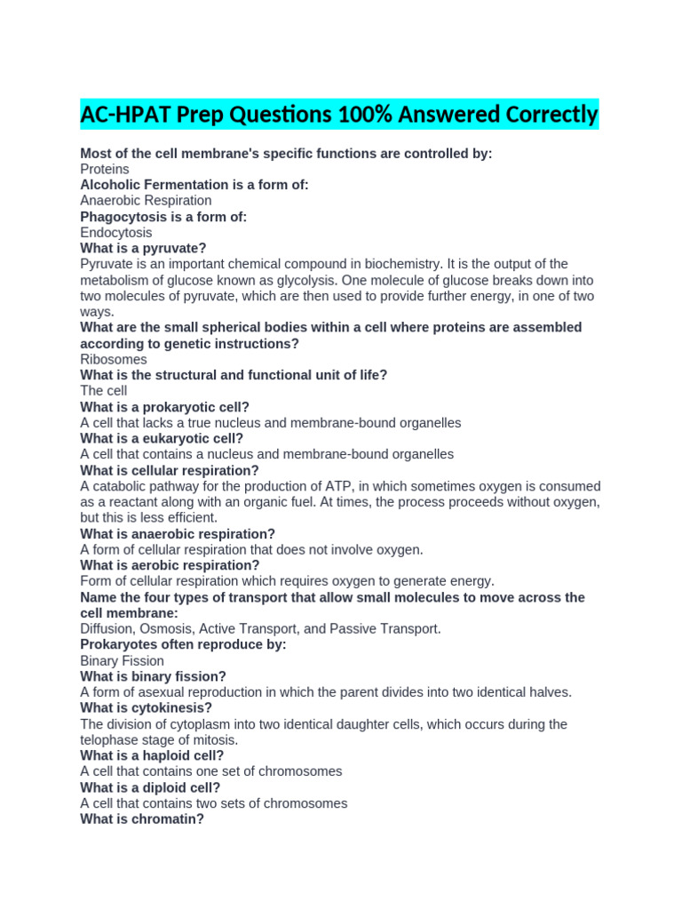 AC-HPAT Prep Questions 100% Answered Correctly | PDF | Mole (Unit) | Rna