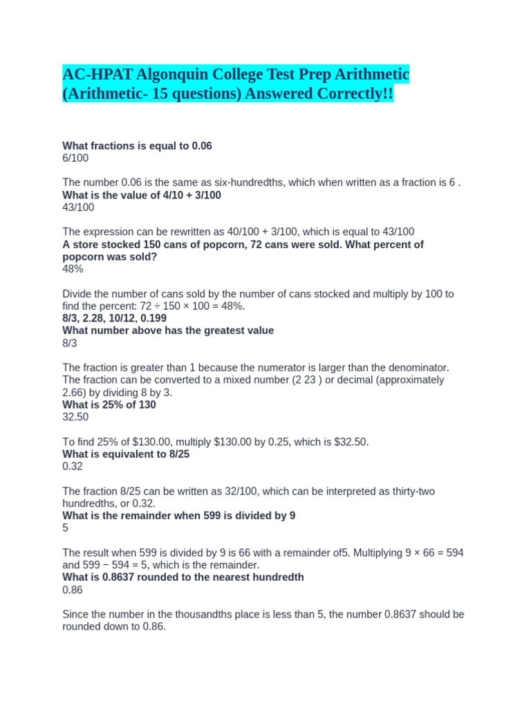 AC-HPAT Algonquin College Test Prep Arithmetic (Arithmetic-15 Questions ...