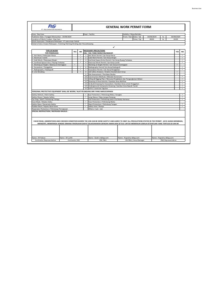 General Work Permit for P&G Operations | PDF | Safety | Occupational ...