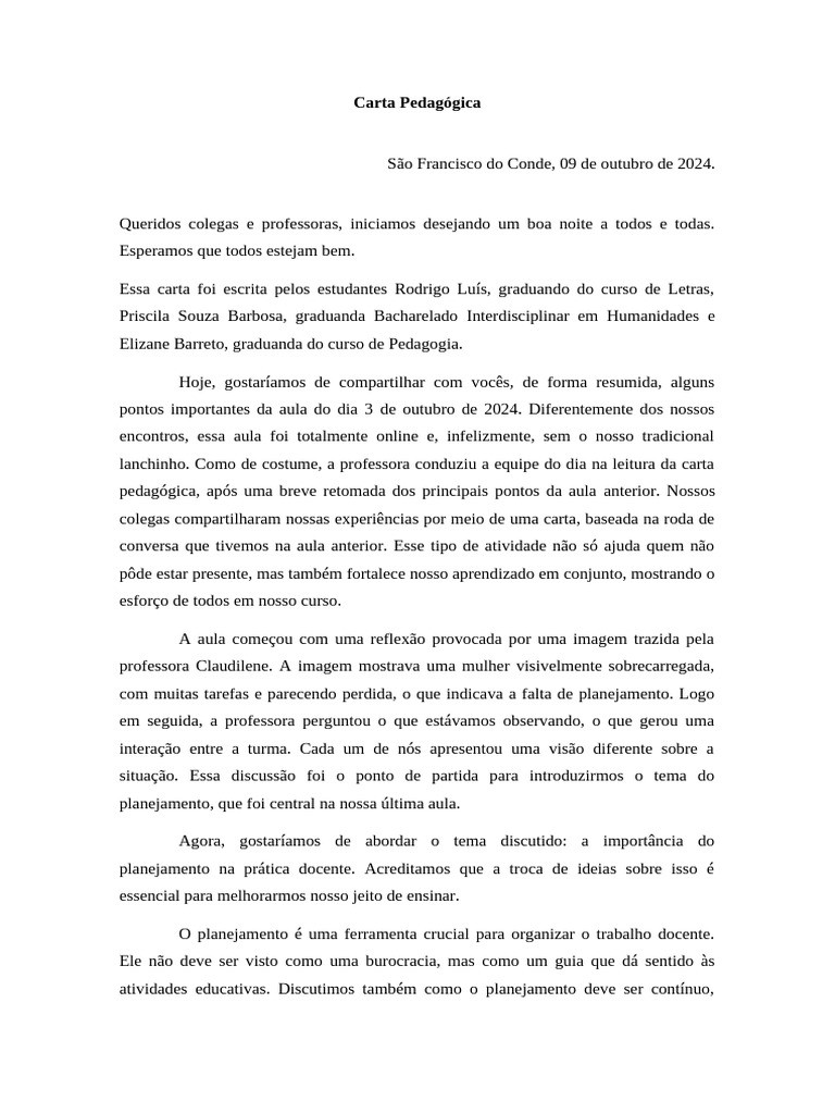 Carta Pedagogica | PDF | Pedagogia | Aprendizado