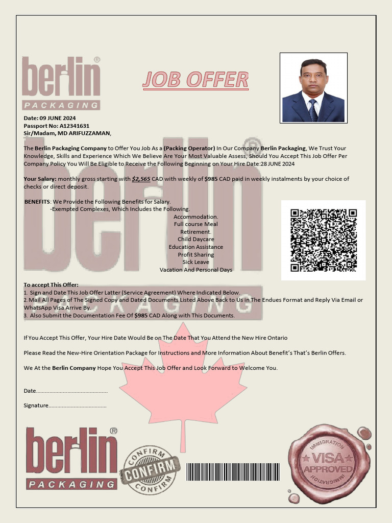 Date: 09 JUNE 2024 Passport No: A12341631 Sir/Madam, MD Arifuzzaman Berlin Packaging Company ...