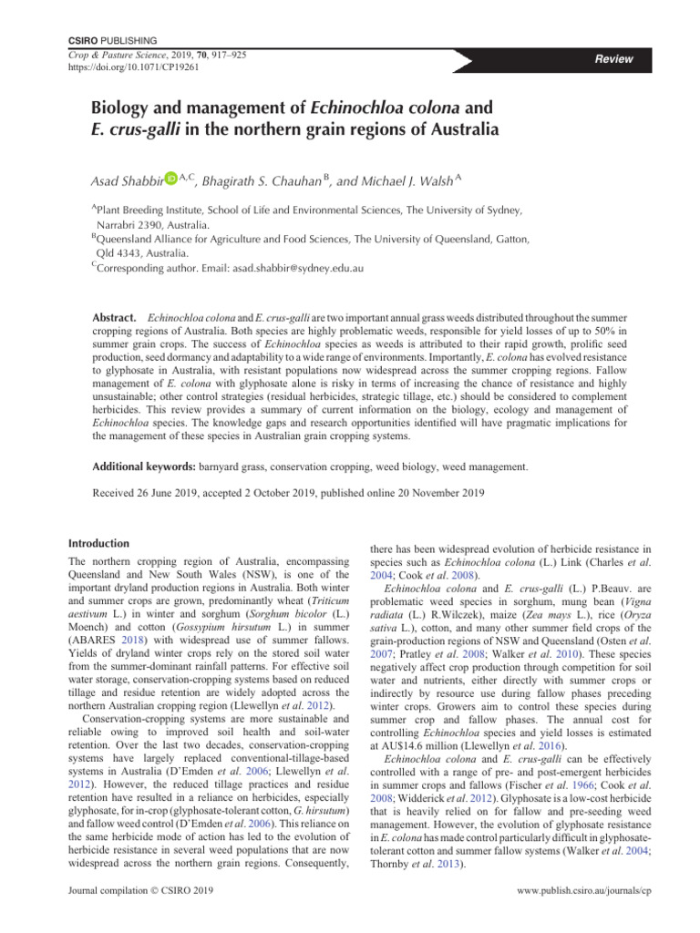 Shabbir Et Al. Biology and Management of Echinochloa Colona and E. Crus-Galli in The Northern ...