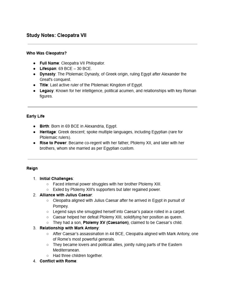 Study Notes - Cleopatra VII | PDF | Cleopatra | Ptolemaic Kingdom