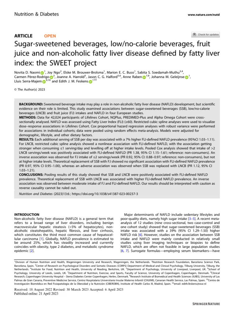 Sugar-Sweetened Beverages, Lowno-Calorie Beverages, Fruit Juice and Non-Alcoholic Fatty Liver ...