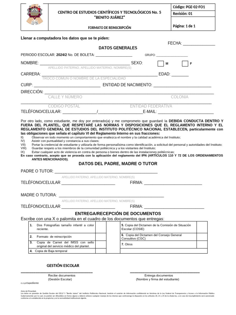 Formato Reinscripción CECyT 5 IPN | PDF