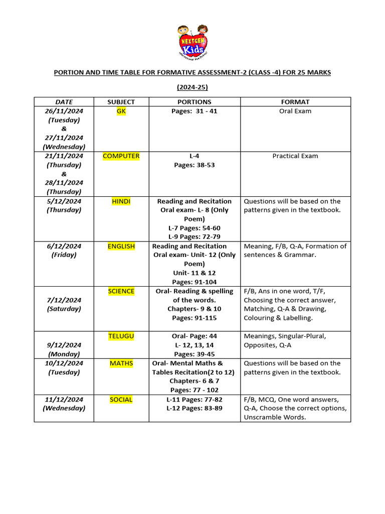 FA2 Exam Schedule for Class 4 (2024) | PDF
