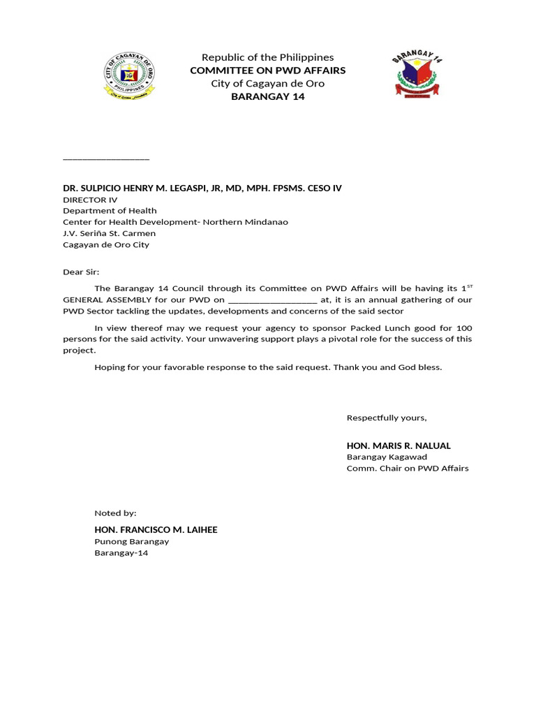 Request for PWD Assembly Lunch Sponsorship | PDF