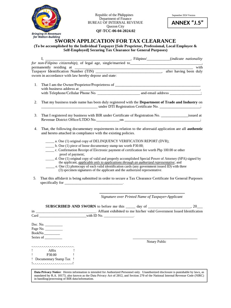Sworn Application For Tax Clearance For General Purposes (Individual Taxpayers) | PDF ...