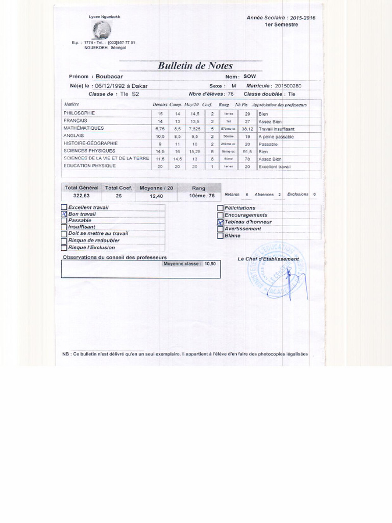Bulletin Premier Semestre Terminale | PDF