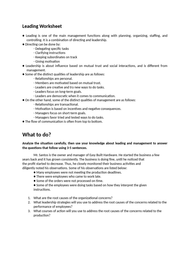 Leading Worksheet | PDF | Career & Growth | Business