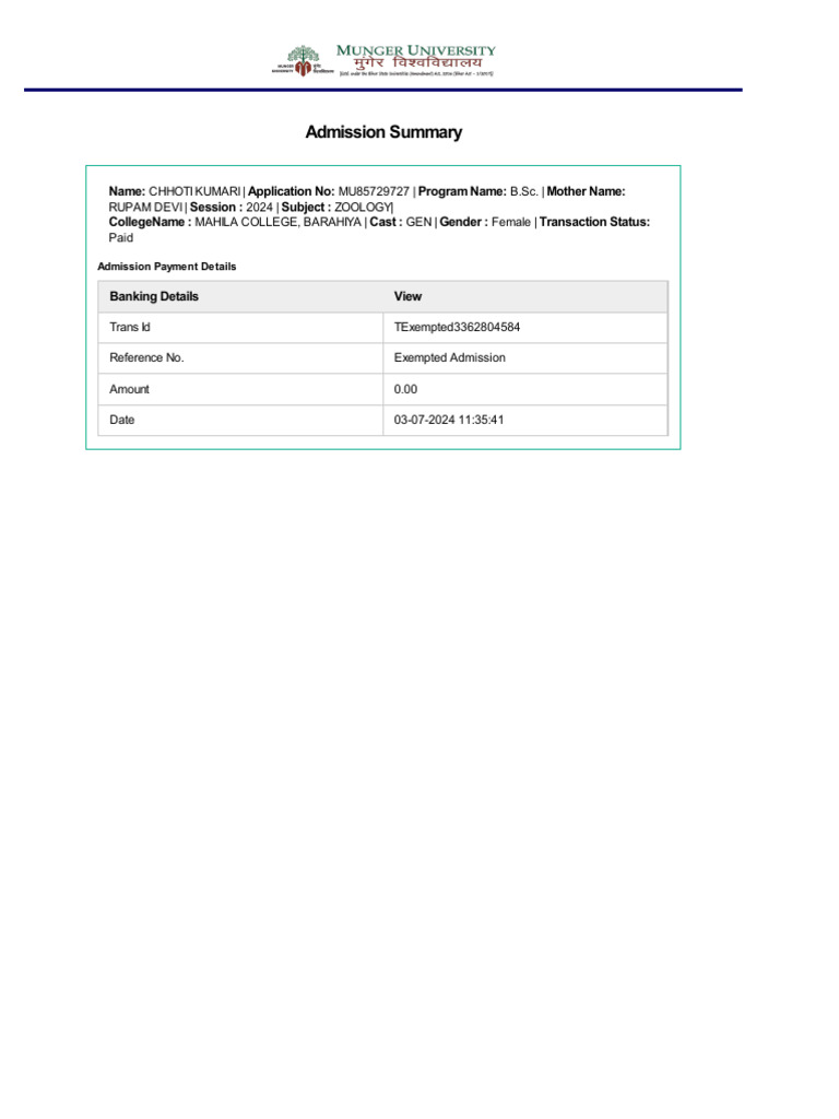 Admission Receipt | PDF