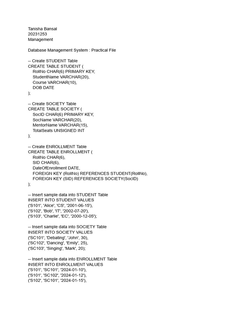 Database Management System - Practical File | PDF | Computer Science | Databases