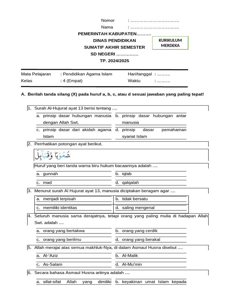 Soal Asas Ganjil PAI Kelas 4 | PDF