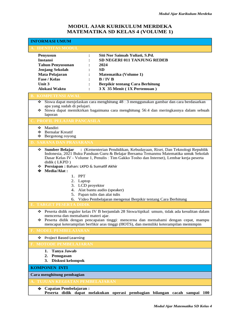 Modul Ajar Observasi Kumer KLS 4 MTK TP.2024 SMS 1 | PDF | Karier & Perkembangan