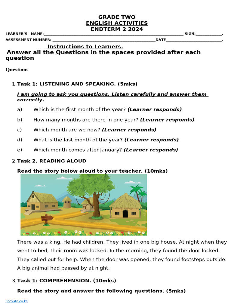 Grade 2 English Endterm 1 Exam 2024 | PDF | Reading Comprehension ...