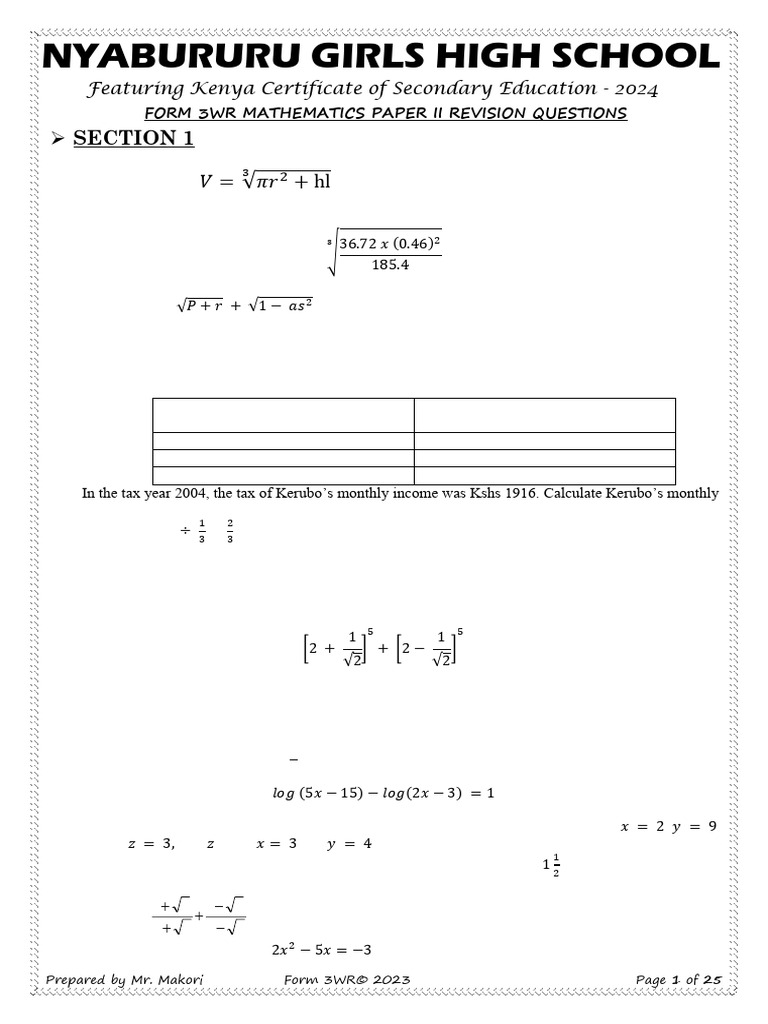Form 3wr Math Pp2 Rev Questions | PDF | Circle | Logarithm