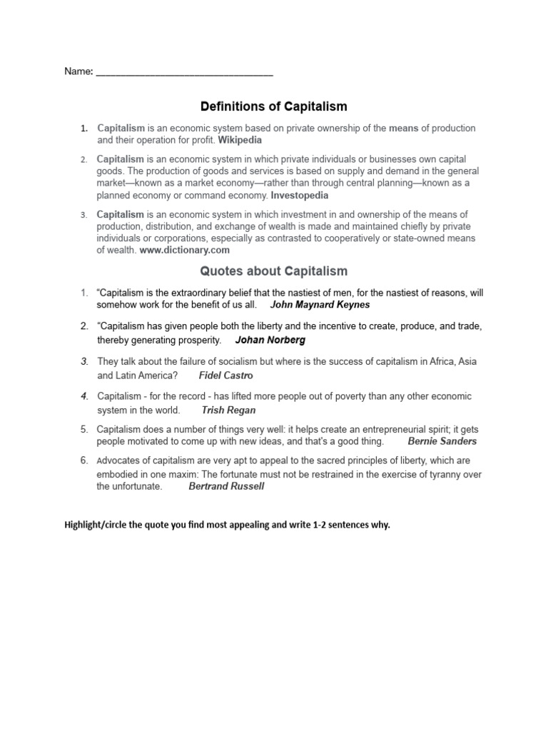 Capitalism Overview and Worksheet | PDF