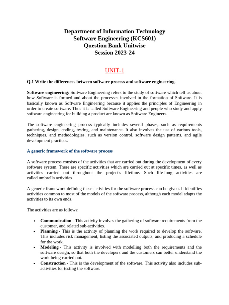 Software Engineering Question Bank 2023-24 | PDF | Software Development ...
