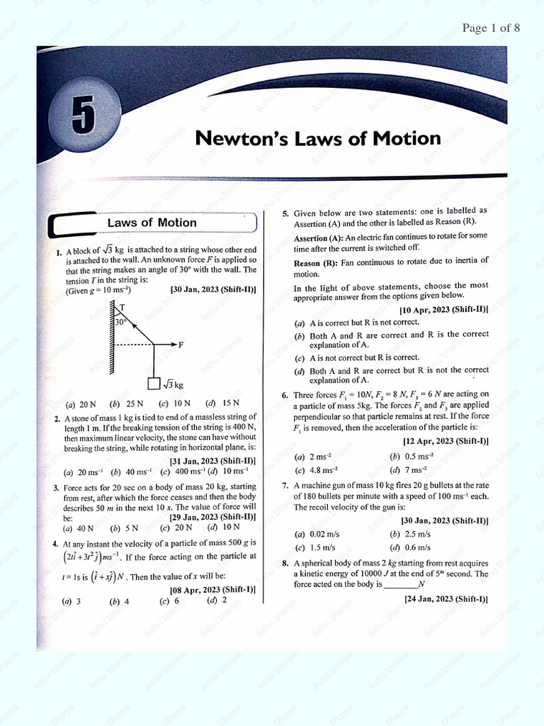 Newton Laws of Motion Last 5 Year Pyq | PDF | Mechanics | Classical Mechanics