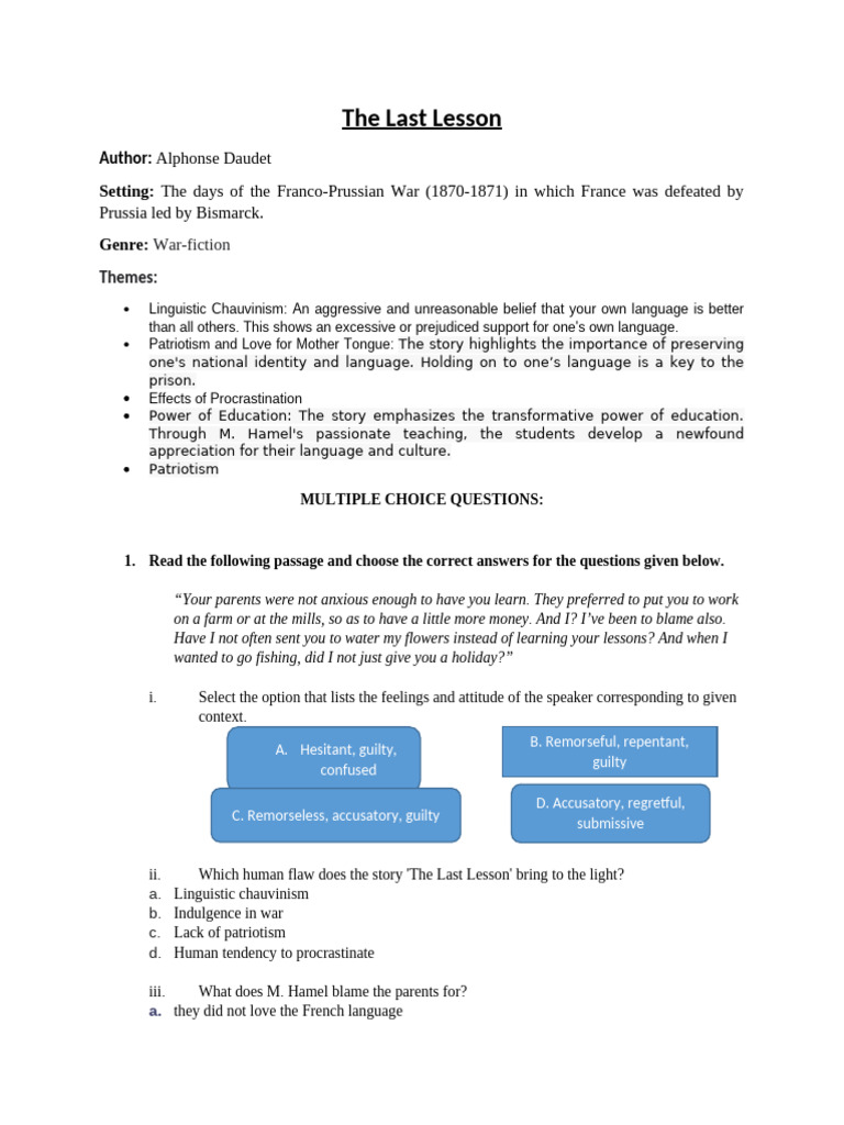 The Last Lesson Index Questions 2023 | PDF | Human Communication