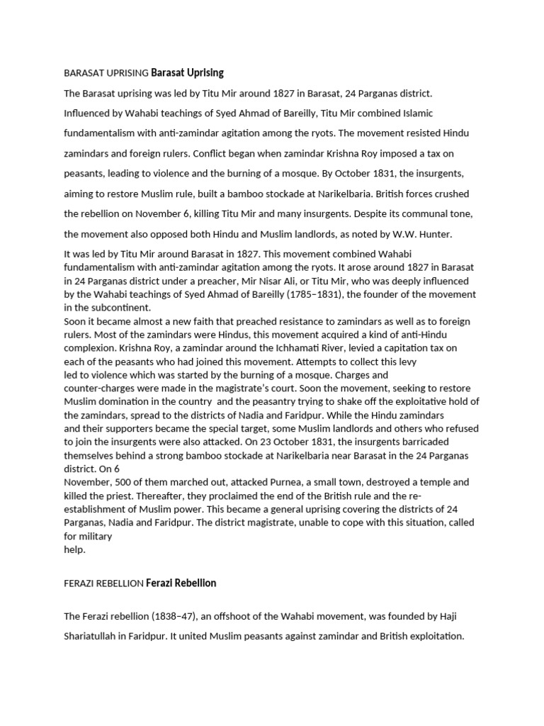 Barasat Uprising: Titu Mir's Rebellion | PDF | Swami Vivekananda ...