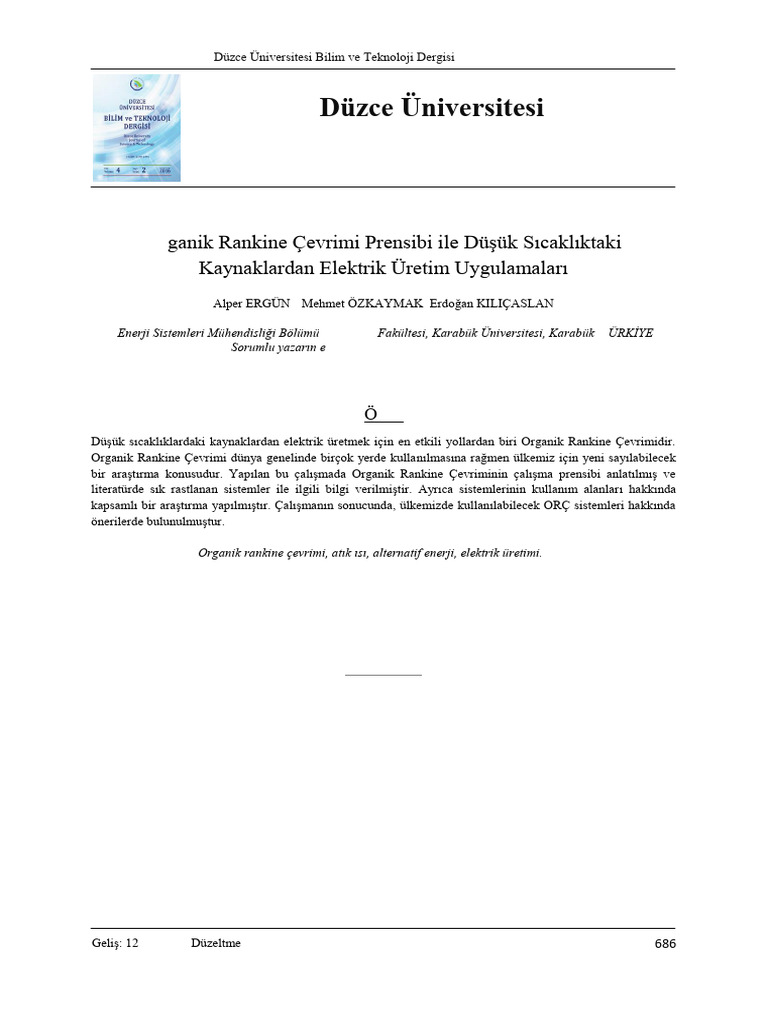 Organik Rankine Evrimi Prensibi Ile D K S Cakl Ktaki Kaynaklardan ...
