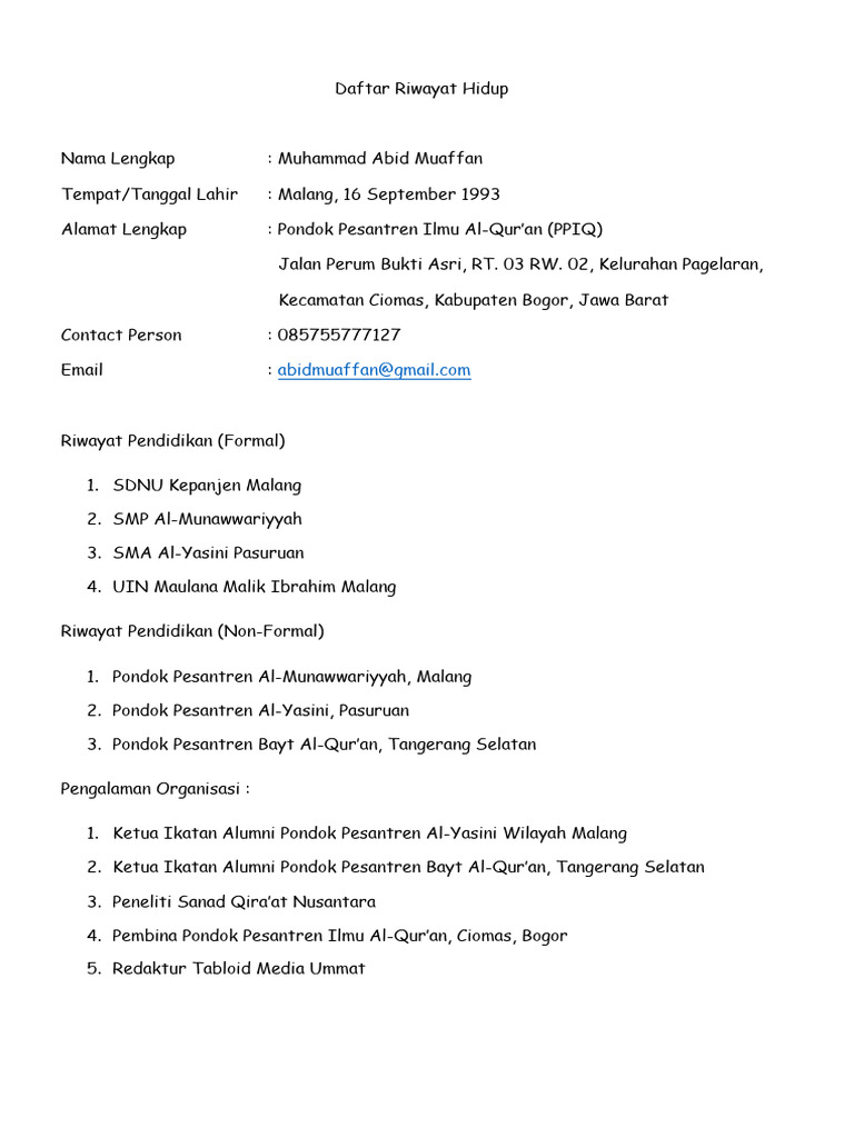 CV Abid Muaffan | PDF | Agama & Spiritualitas | Gaya Hidup